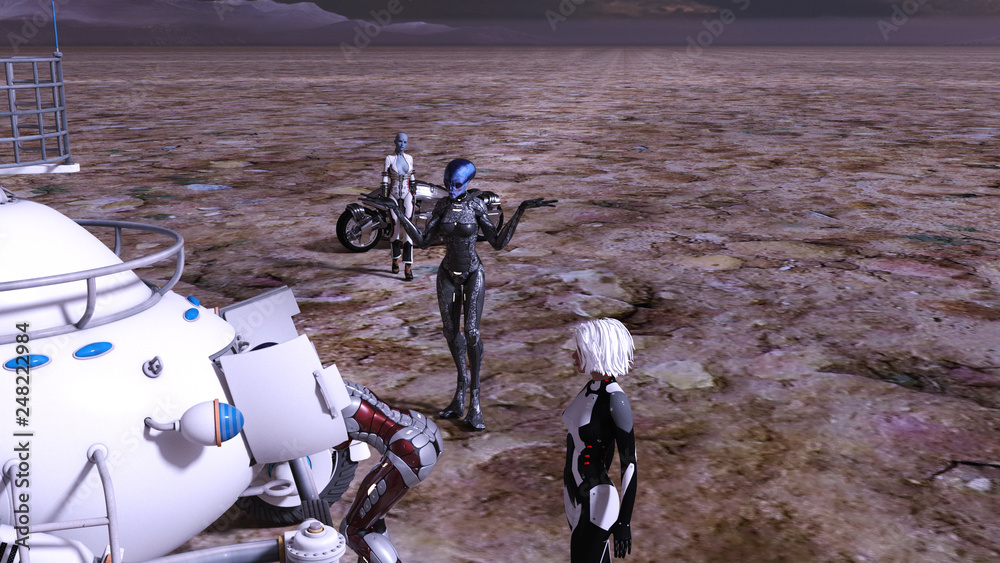 Illustration of extraterrestrials and a human standing near a space ...