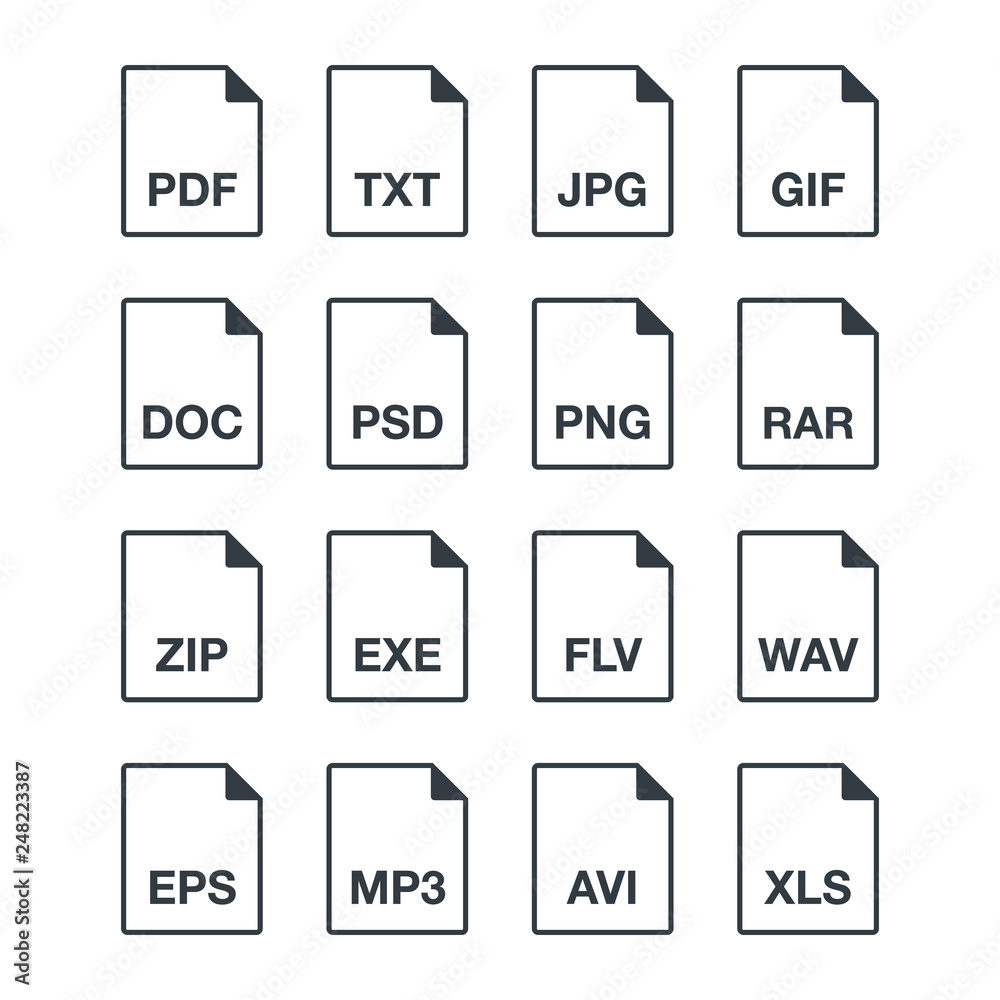 Black popular thin line document data file format icons set. Multi ...