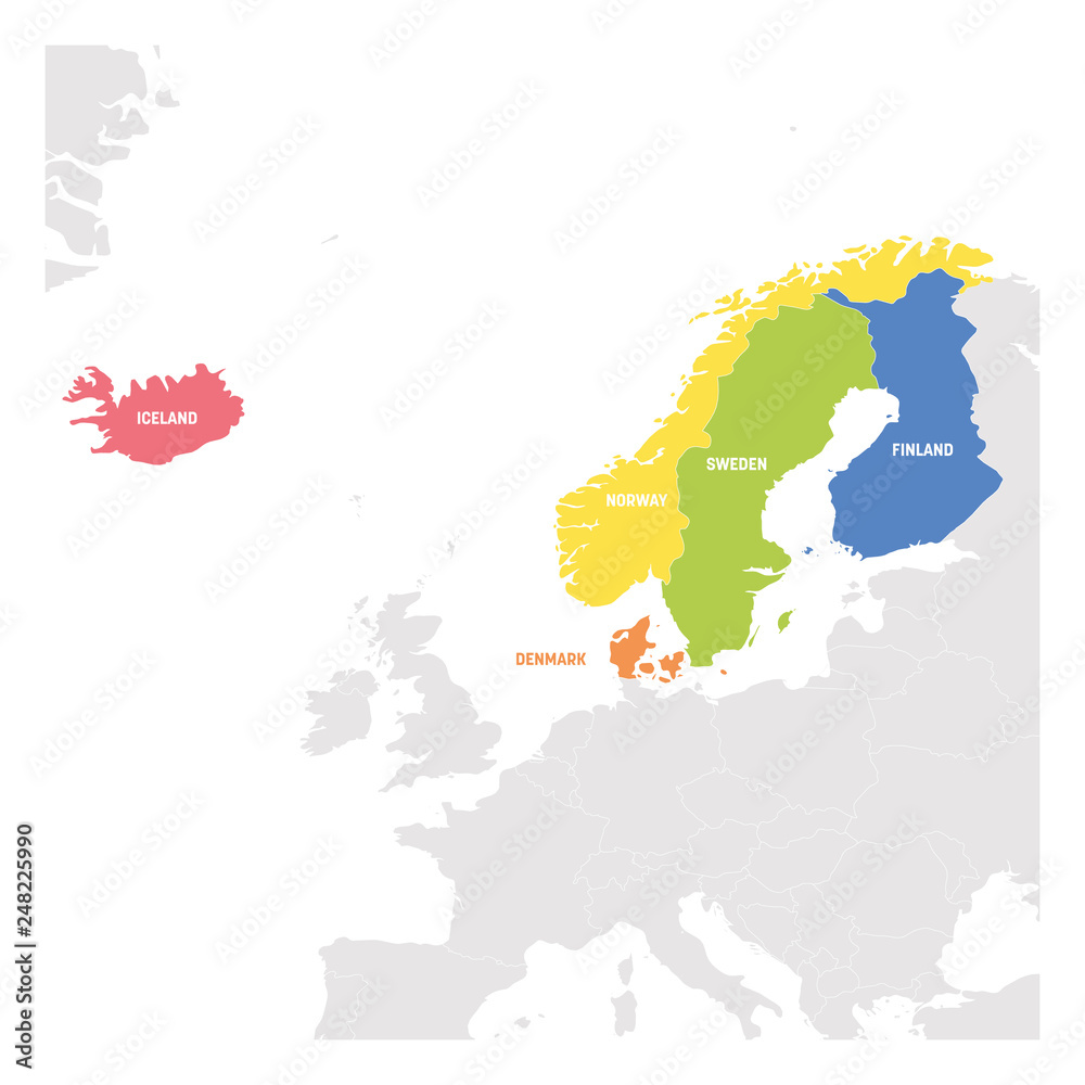 North Europe Region. Colorful map of countries of Scandinavia. Vector ...