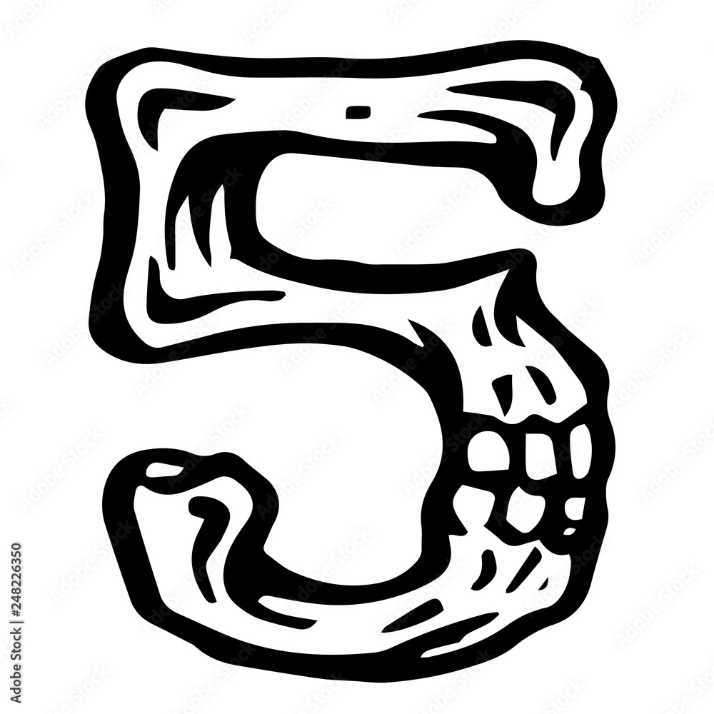 Vector alphabet and numeral 5 Skull white numeral in hipster style ...