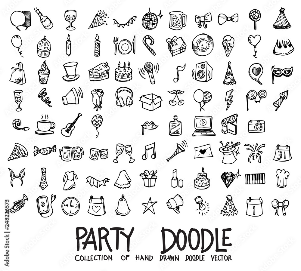 Set of Party icons Drawing illustration Hand drawn doodle Sketch line ...