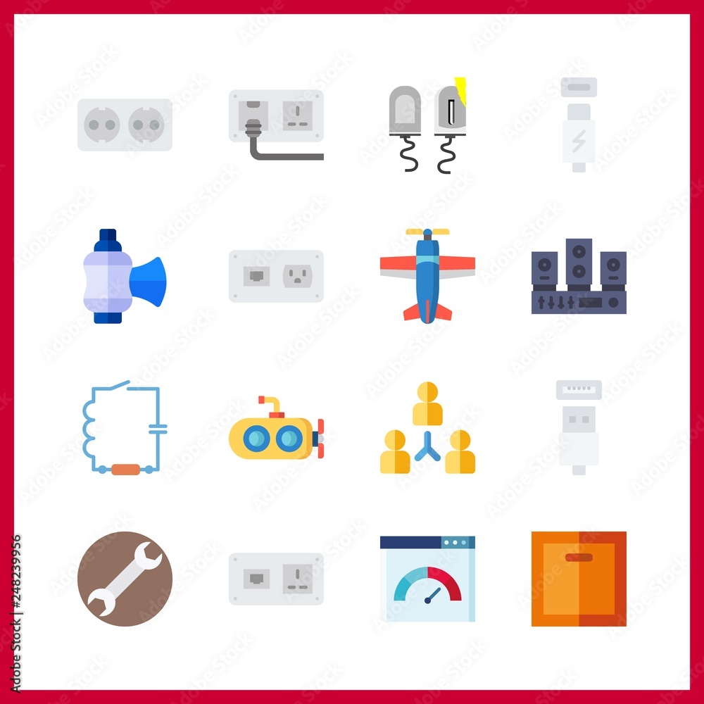 16 power icon. Vector illustration power set. usb cable and submarine ...