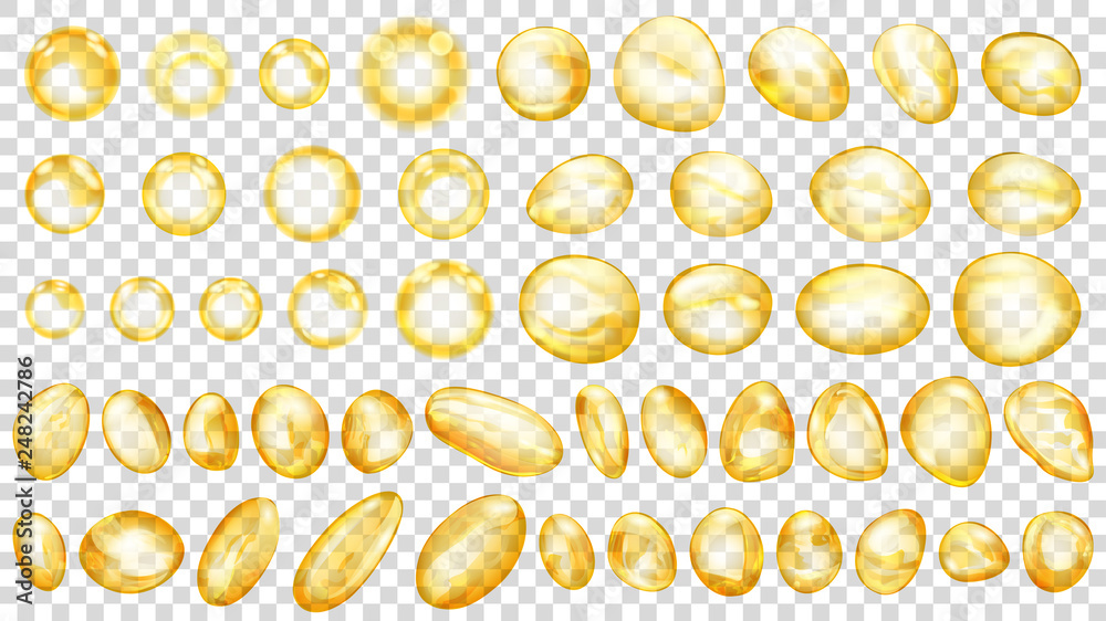 Set of yellow translucent water drops and bubbles of different shapes ...