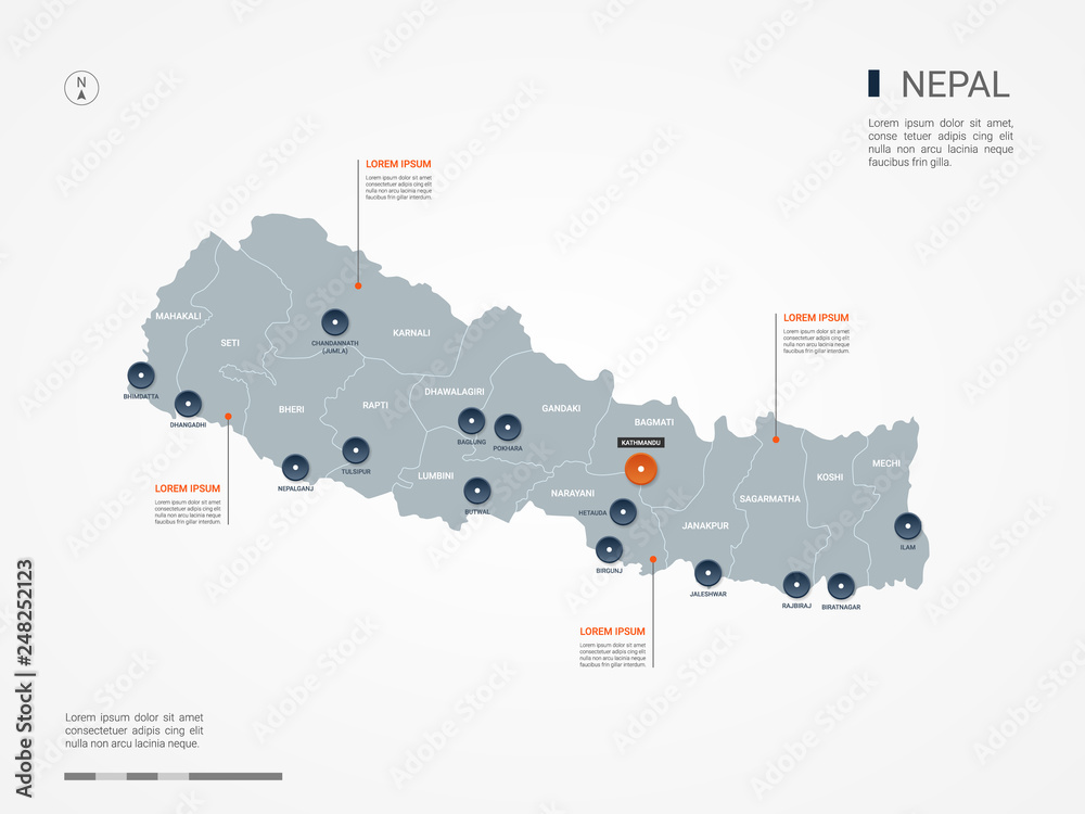 Nepal map with borders, cities, capital and administrative divisions ...