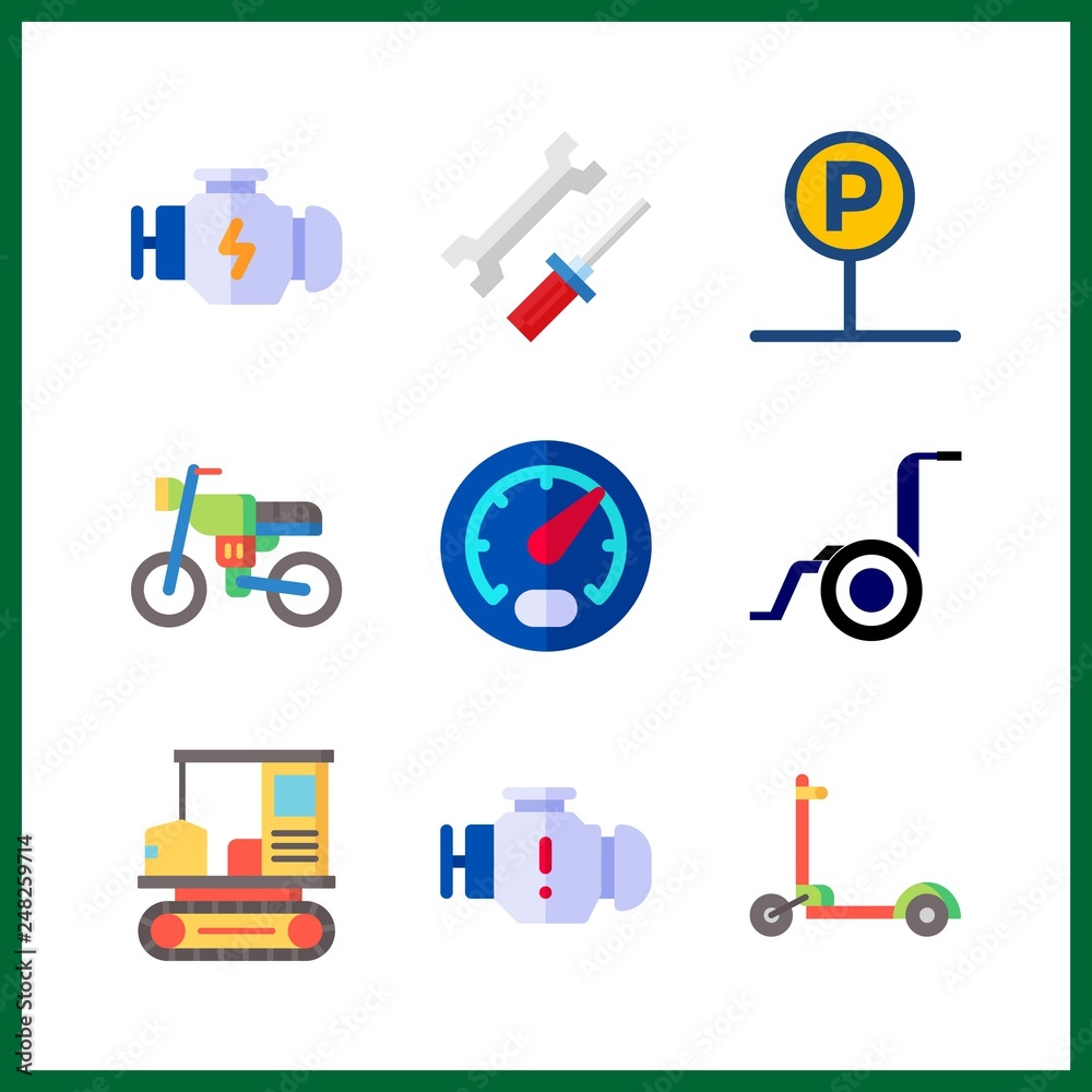 9 motor icon. Vector illustration motor set. parking and gauge icons ...