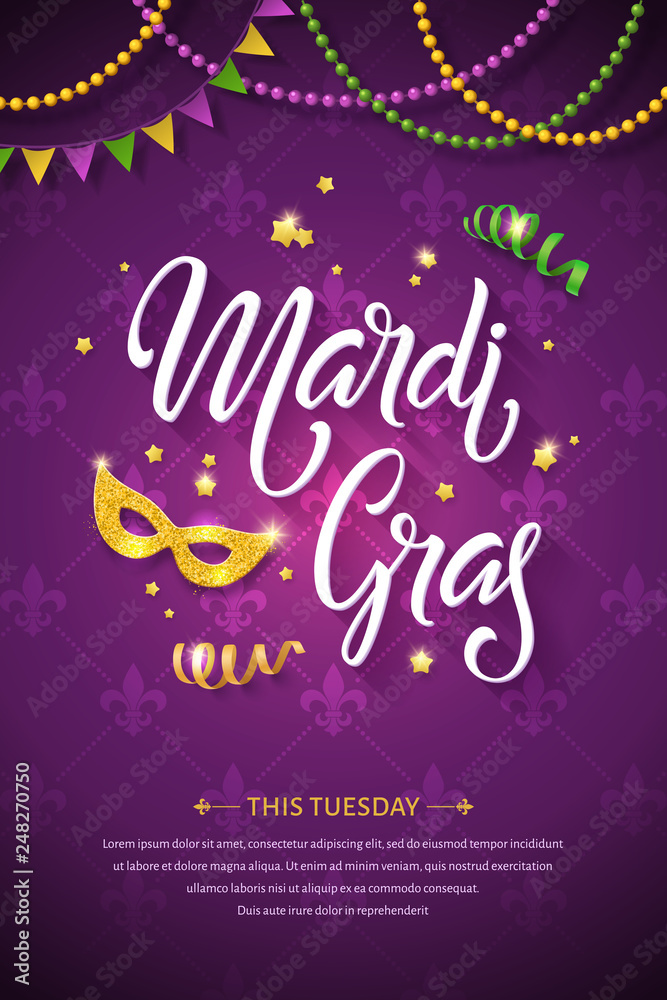 Mardi gras brochure. Fat tuesday greeting card with handwritten ...