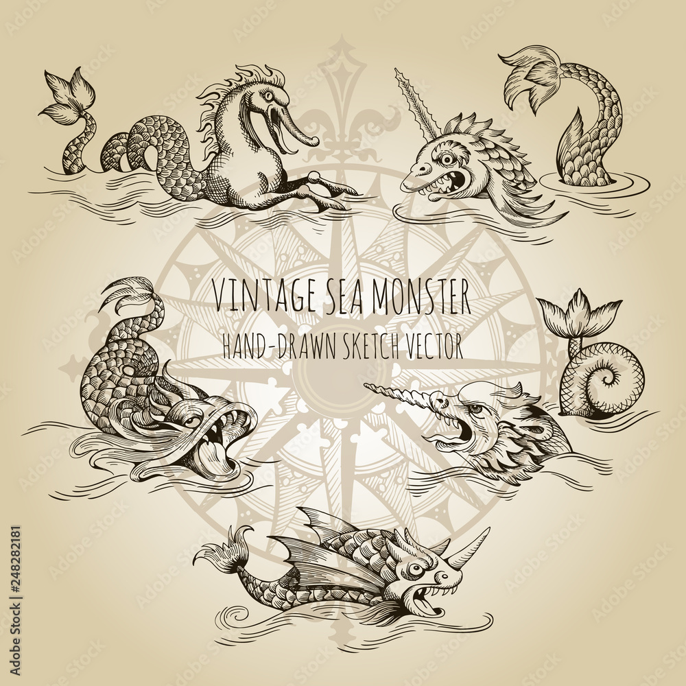 Mythological vintage sea monster. Fragment of old pirate map. Hand ...