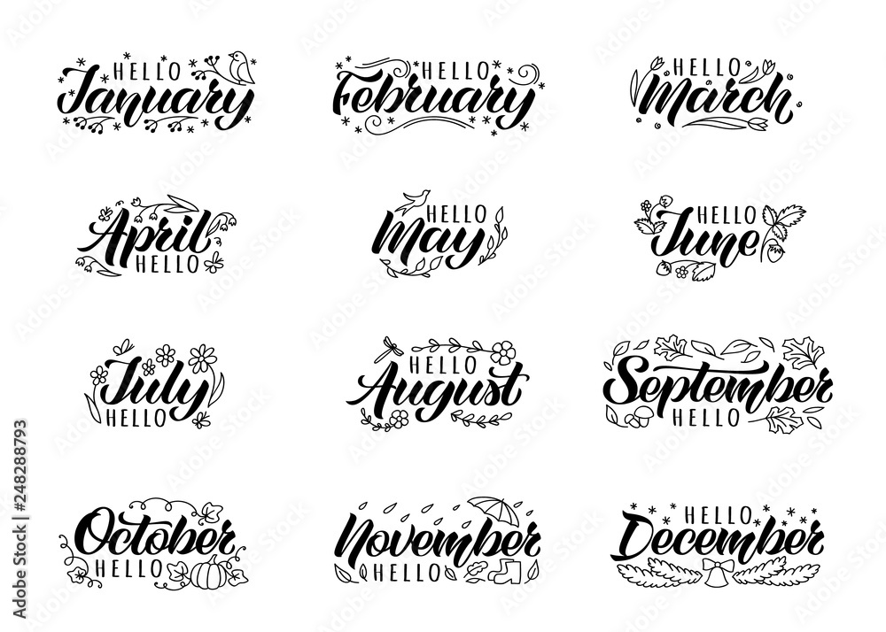 Set of hand drawn lettering with names of months and doodles. Hand ...