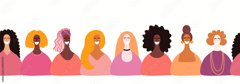 Hand drawn seamless horizontal border with diverse women faces. Vector ...
