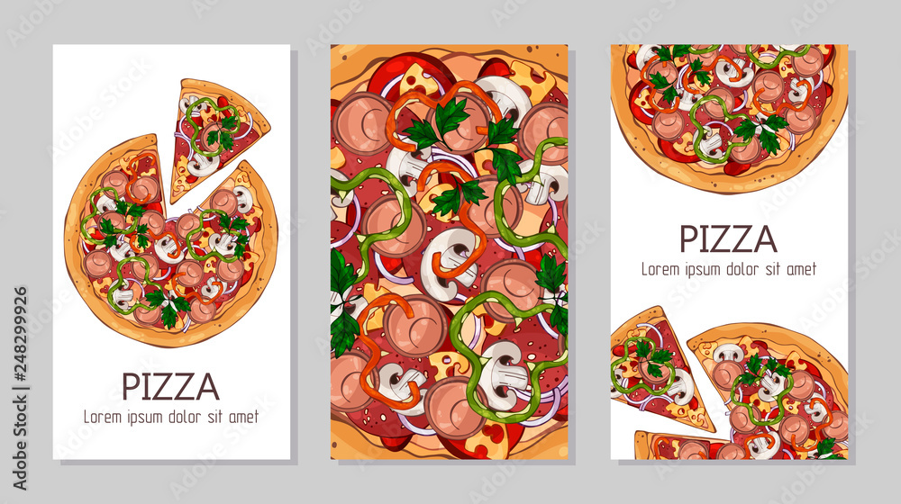 Vector colorful illustrations on the pizza theme; pizzas from different ...