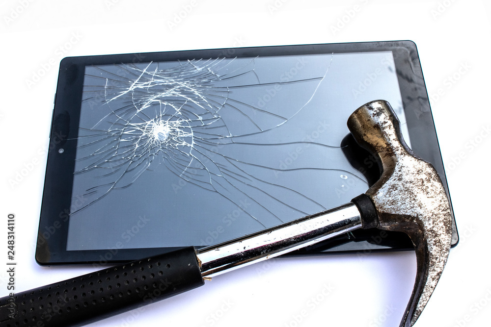 Shattered Broken iPad Tablet Screen With Hammer On White Background ...