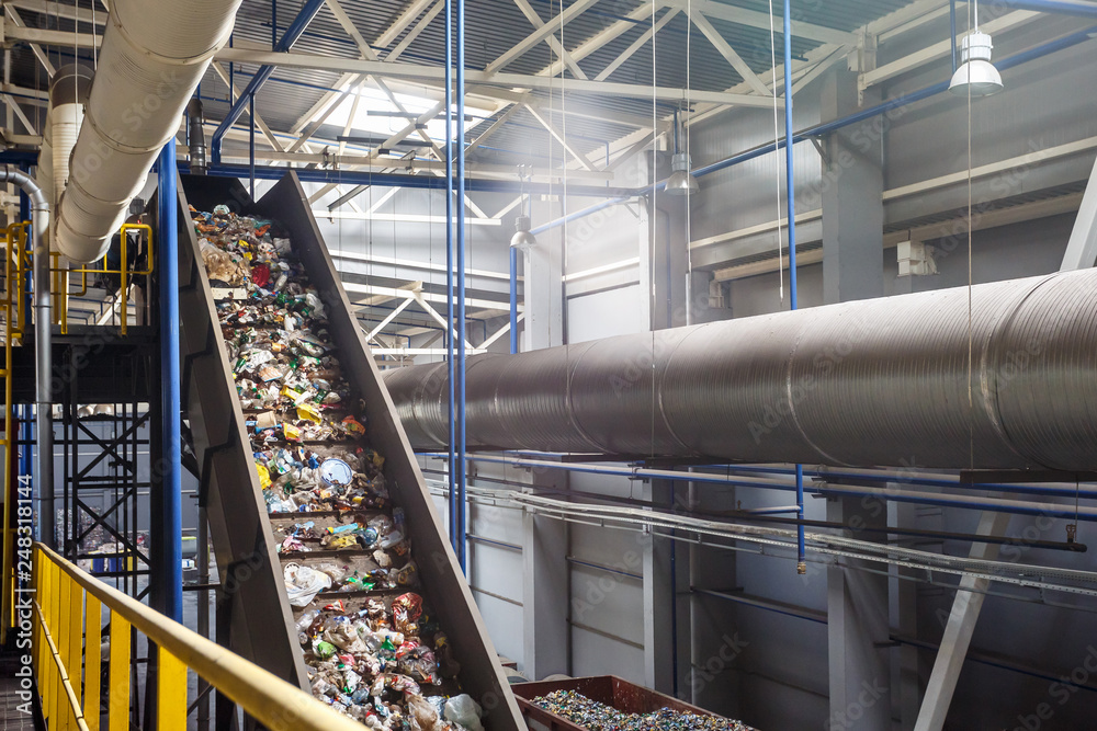 moving conveyor transporter on Modern waste recycling processing plant ...