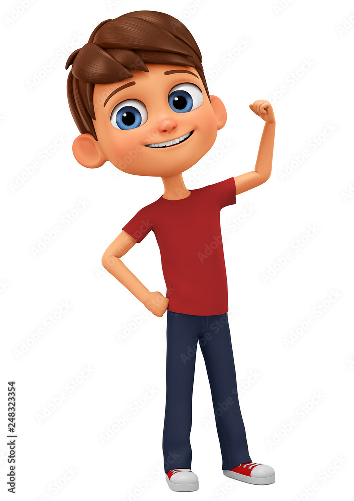 Cartoon character boy shows muscles on a white background. 3d rendering ...