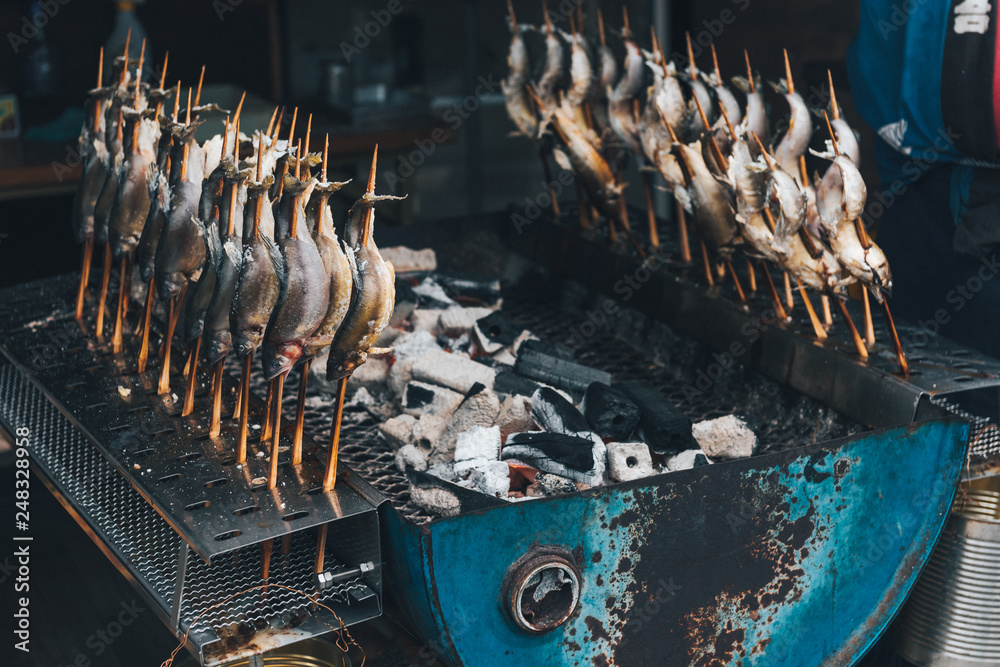 Salt-Crusted Grilled Ayu fish (Ayu Sweetfish) with charcoal ...