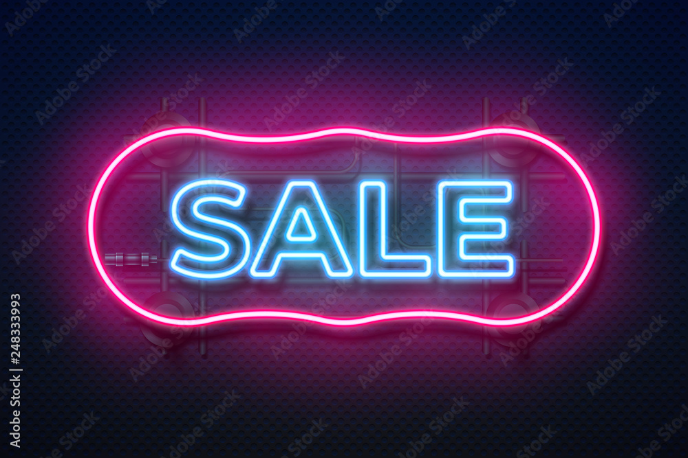 Neon sale sign. Retro light frame, futuristic glowing border shape ...