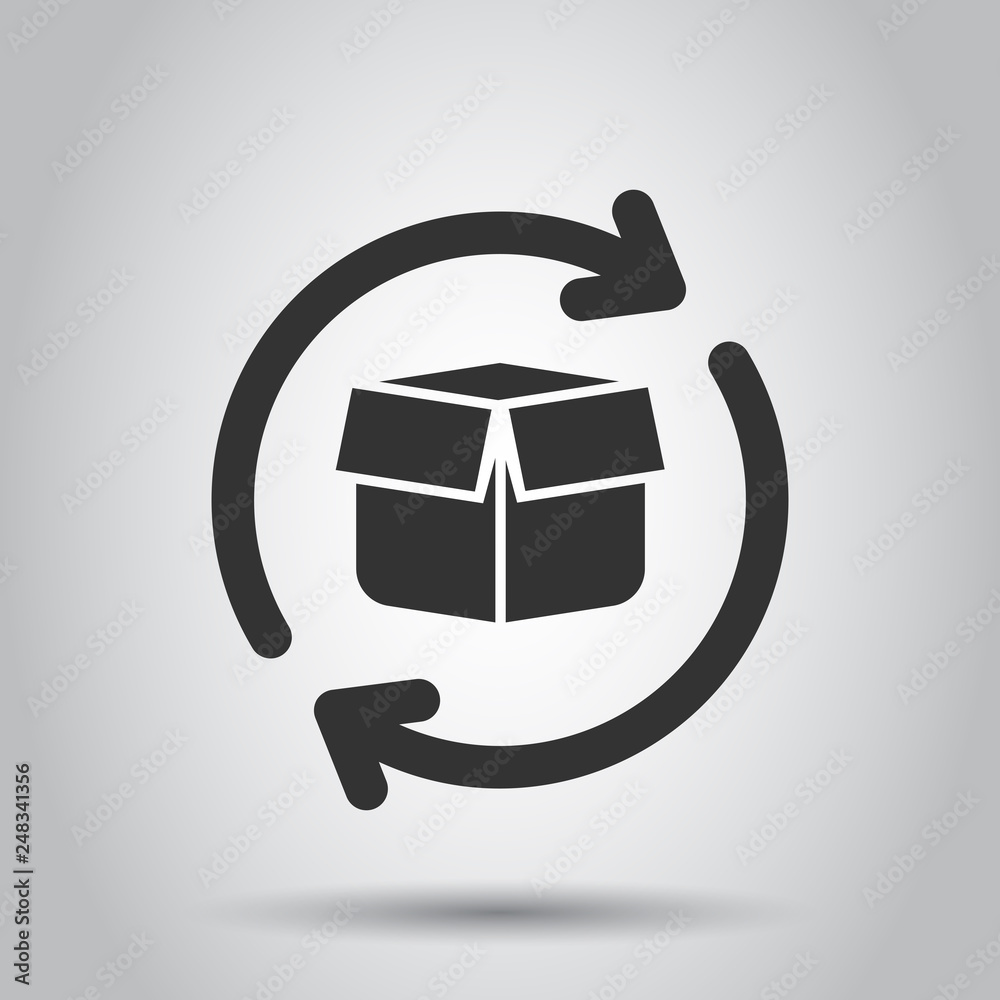 Box package return icon in flat style. Delivery box with arrow ...