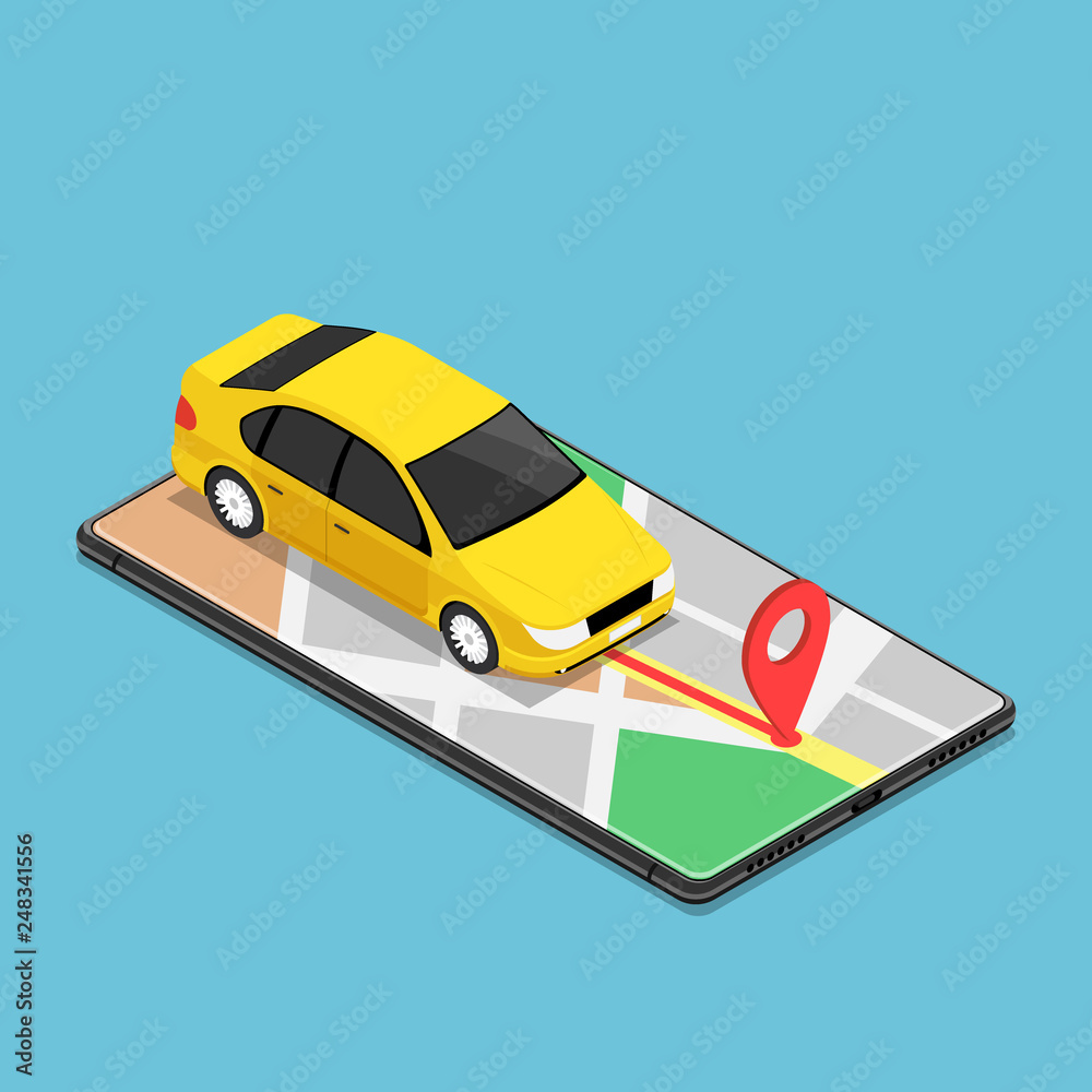Isometric car use gps map navigation application on smartphone Stock ...