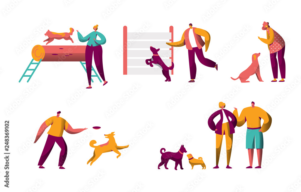 Human Training Dog Outdoor Spend Time Together Set. Man Woman Holding ...