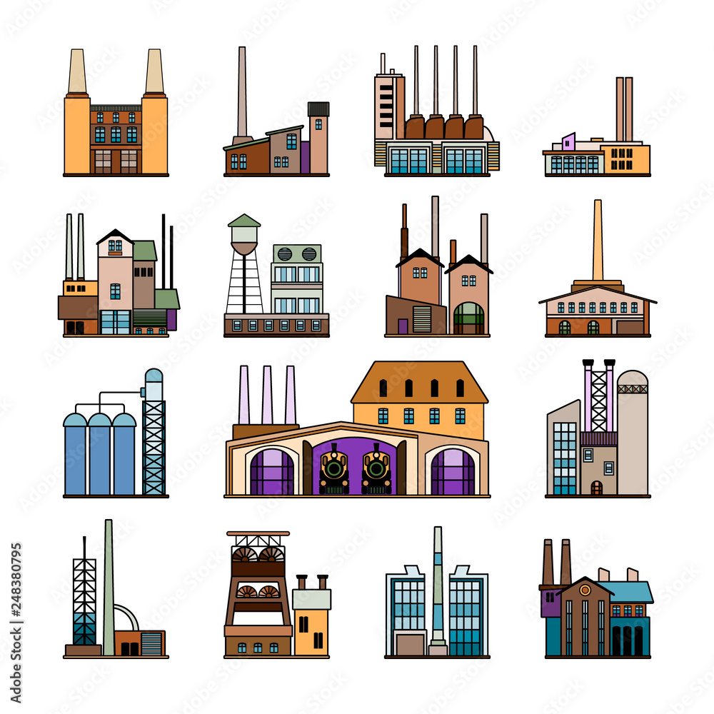 Set of abstract old factory icons featuring traditional old time ...