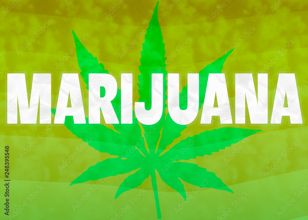 Marijuana concept image with word text on green gradient wave background with smoke and cannabis ...