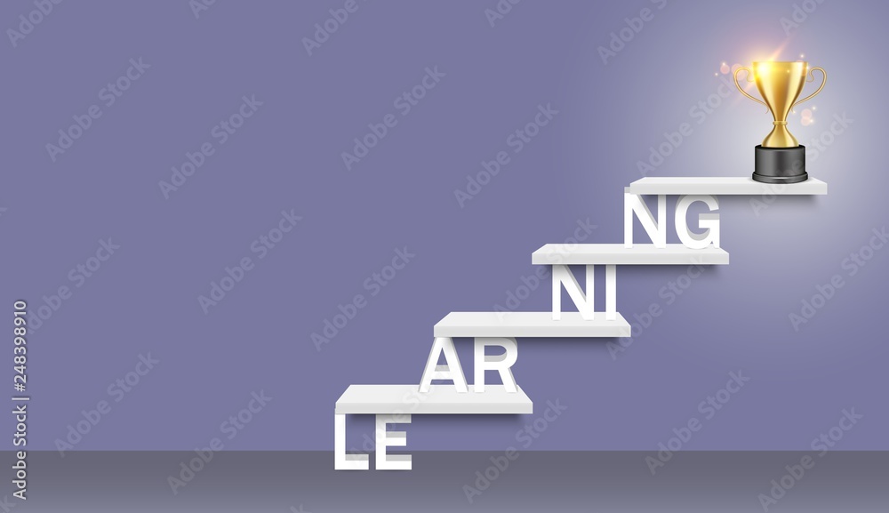 Learning word ladder with trophy cup vector realistic illustration ...