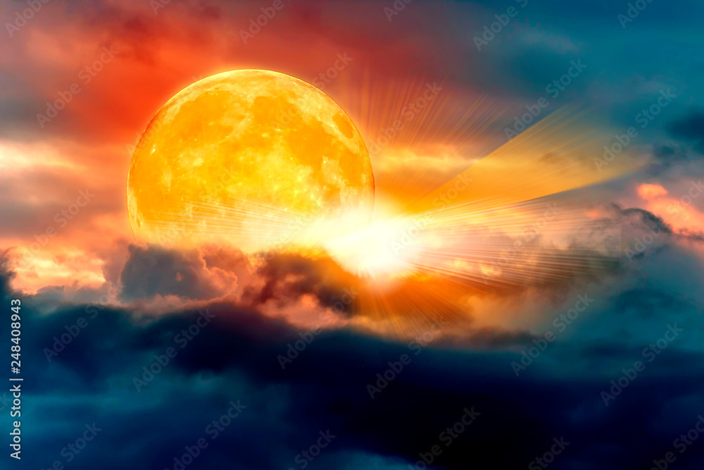 Red sunset and moon . Beautiful sunset with moon . Dramatic nature ...