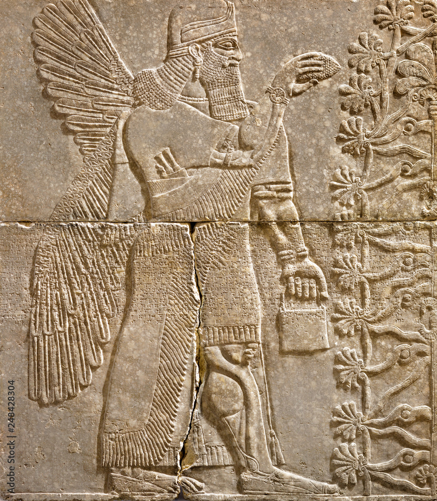 Assyrian wall relief with cuneiform, ancient art of Mesopotamia Stock ...