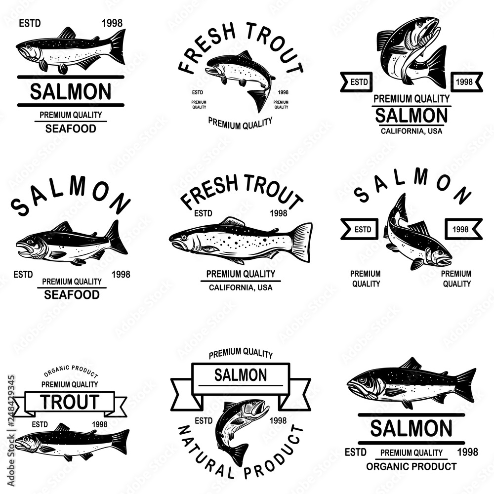Set of salmon seafood labels. Design element for logo, label, sign ...