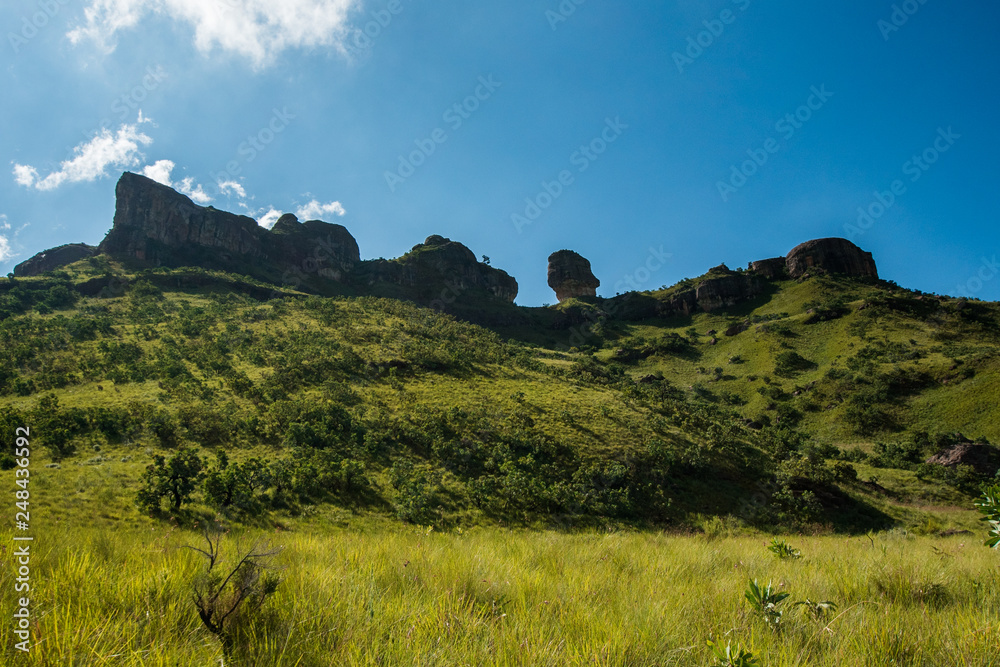Eroded rock formations decorate a hill on the Tugela Gorge hike on the ...