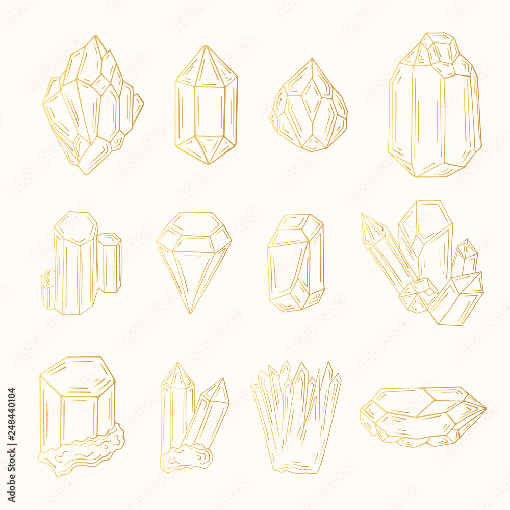 Hand drawn collection of boho golden minerals, gold crystals, gems and ...