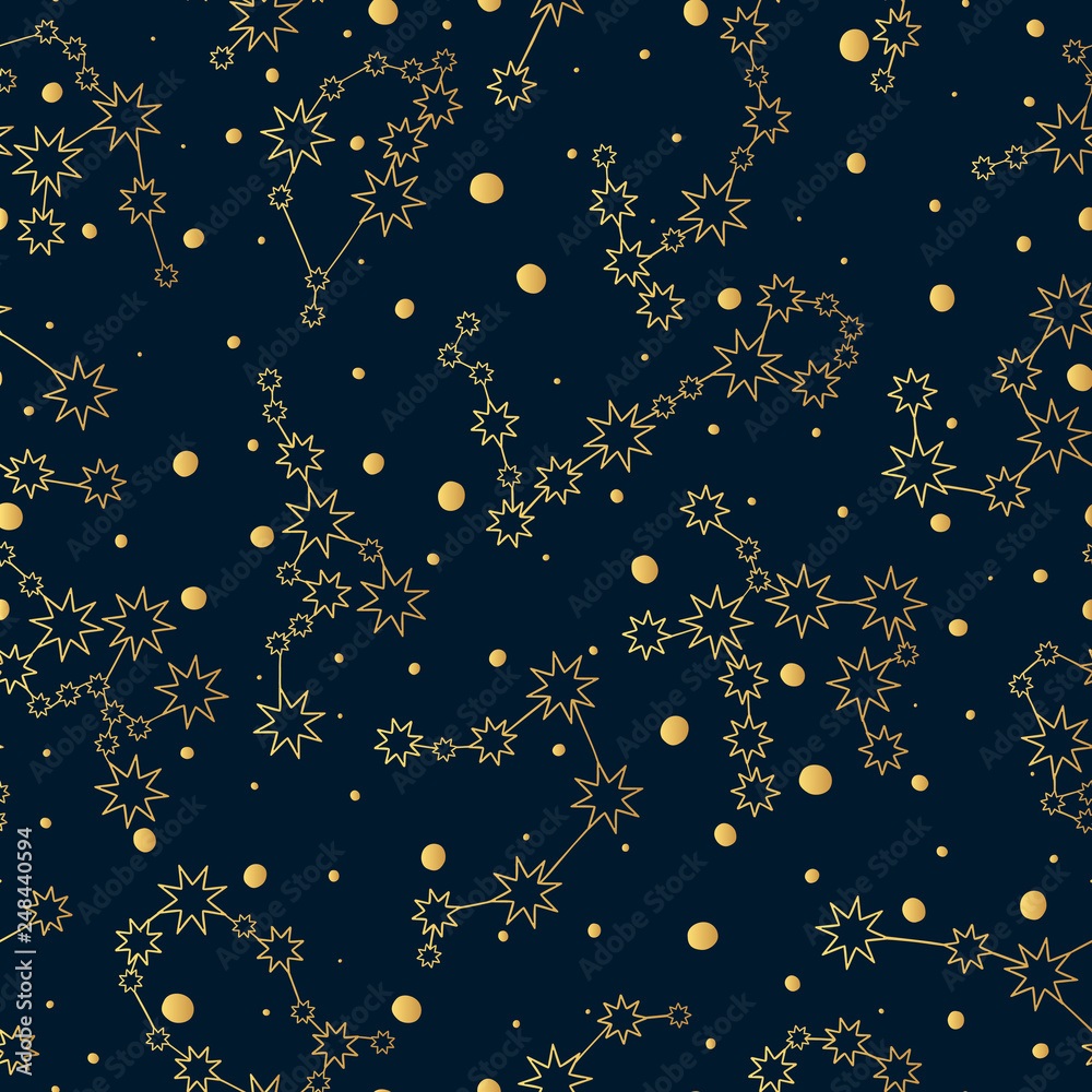 Hand drawn gold constellations seamless night sky pattern. Golden ...