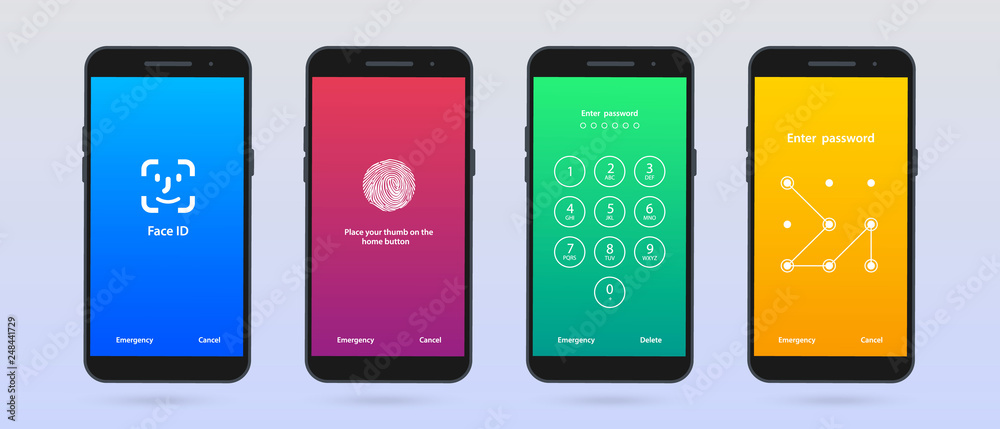 Screen Lock. Set of four mobile phone screen loch Passcode interface ...