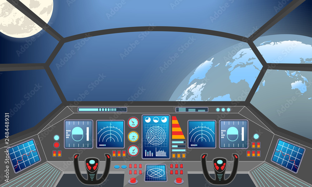 Spaceship cabin interior. Space background with planets: earth and moon ...