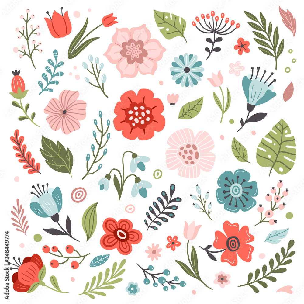 Set of cute hand-drawn Spring flowers. Many bright and beautiful ...