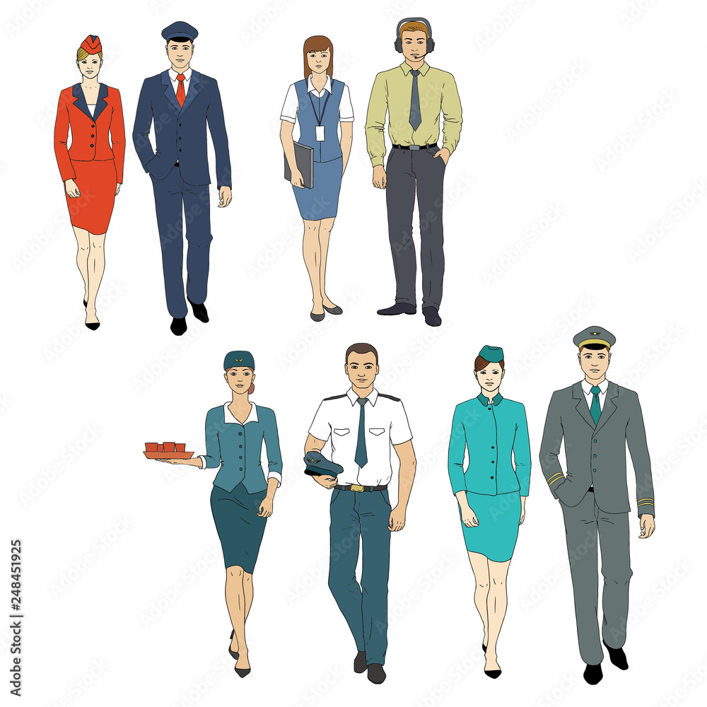 set characters of aviation staff. vector illustration hand drawn ...