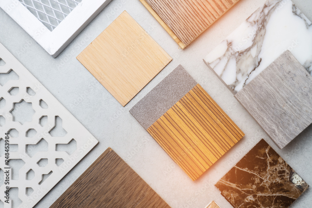 samples of material, wood , on concrete table.Interior design select ...