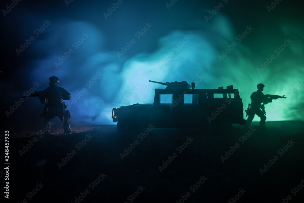 War Concept. Military silhouettes fighting scene on war fog sky ...