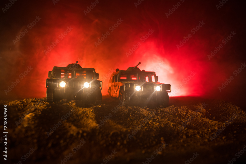 War Concept. Military silhouettes fighting scene on war fog sky ...