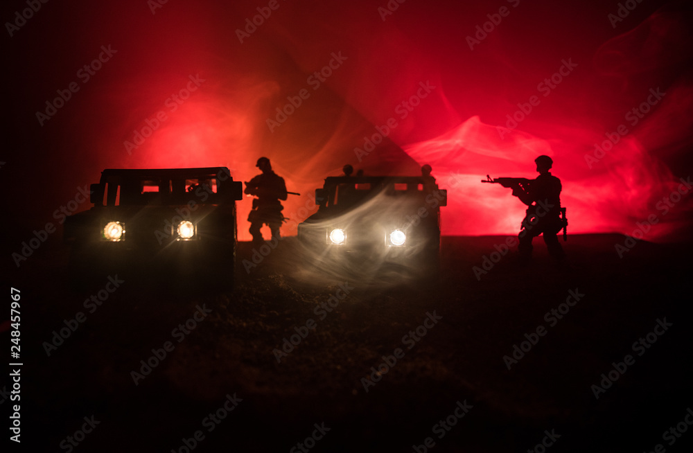 War Concept. Military silhouettes fighting scene on war fog sky ...