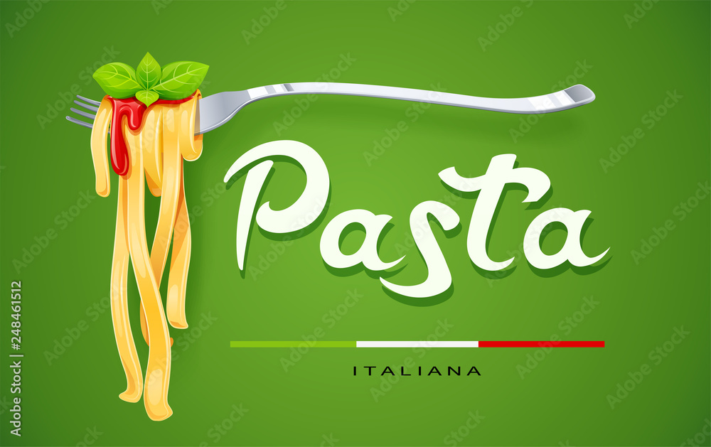 Pasta at fork with basil and sauce. Concept design for traditional ...