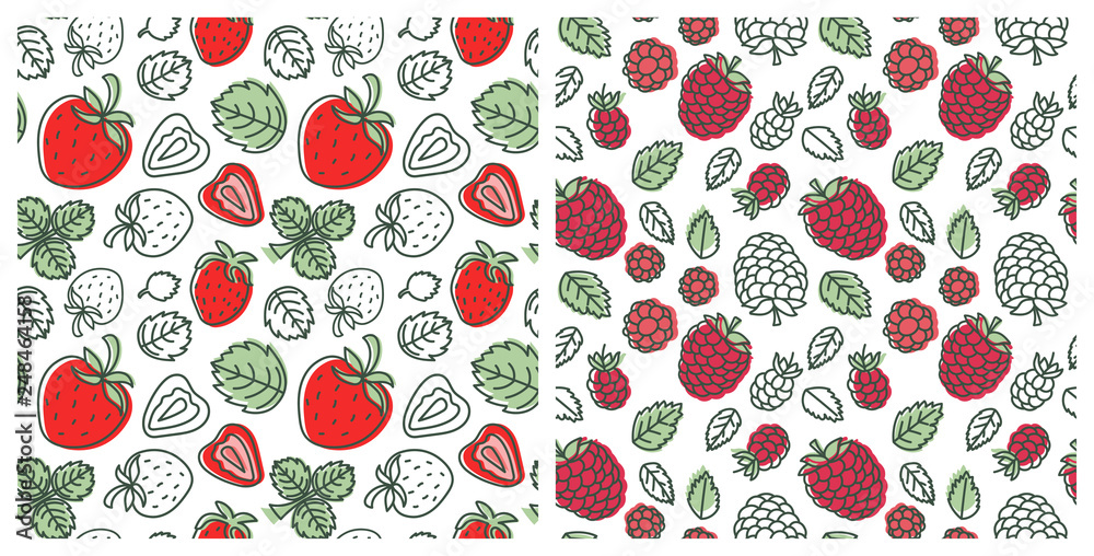 Seamless pattern set. Juicy berry collection. Strawberry and raspberry ...