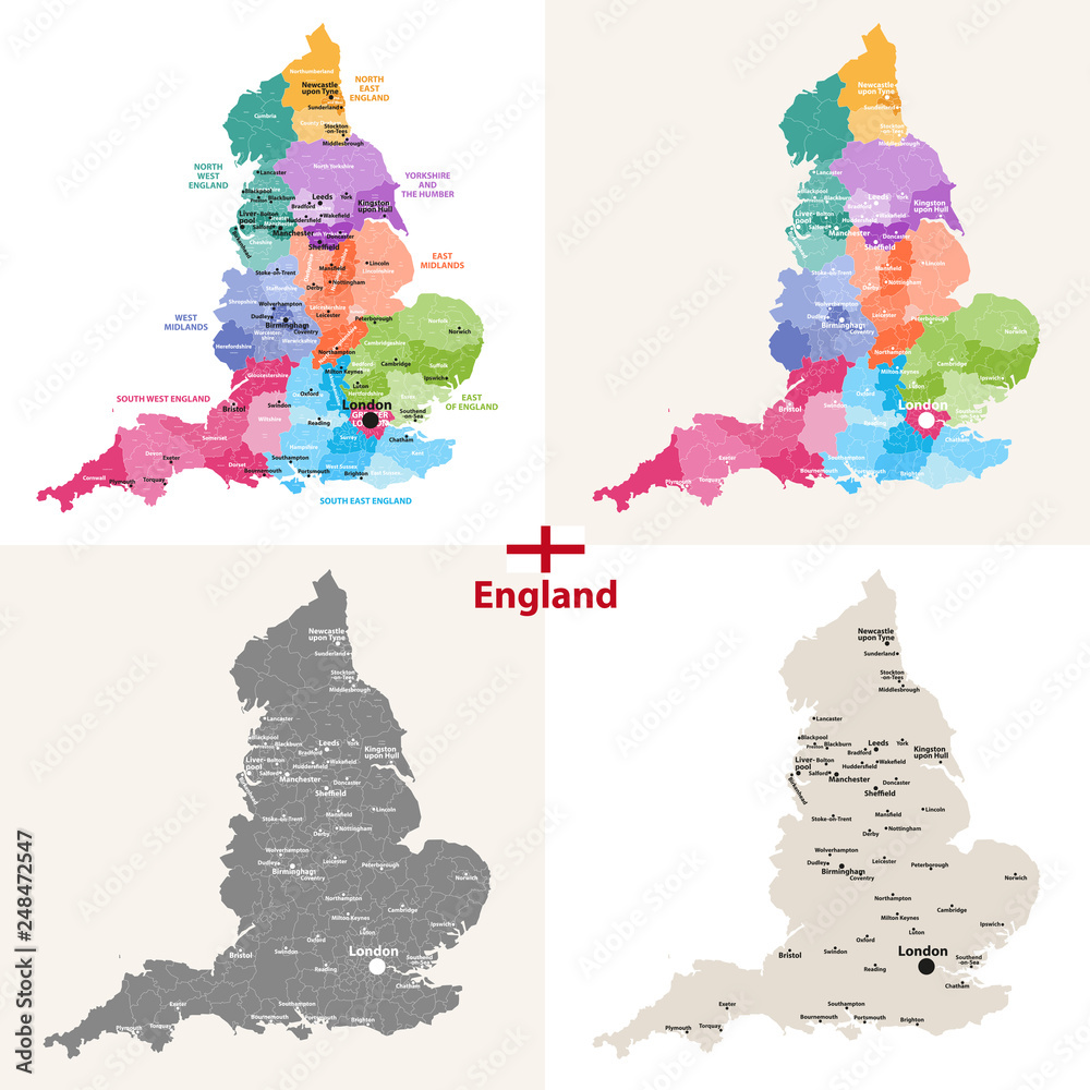 England maps with largest cities vector set Stock Vector | Adobe Stock