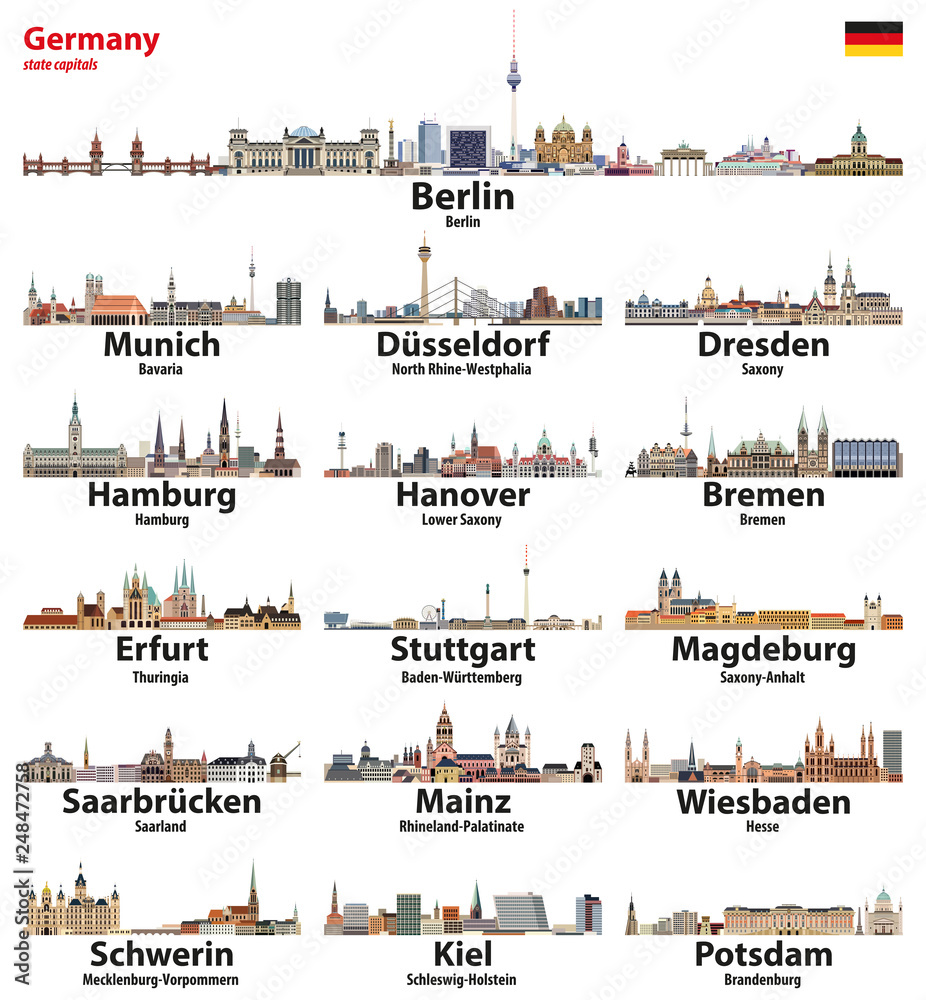 Germany state capitals cities skylines vector detailed illustrations ...
