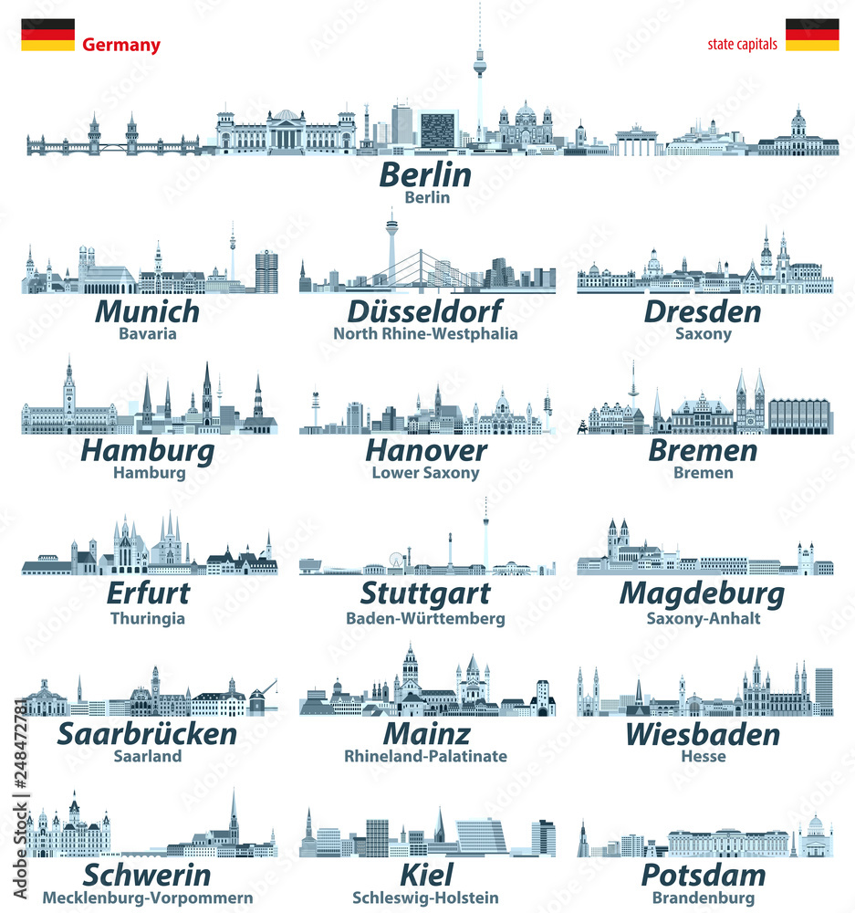 Germany state capitals cities skylines in light blue color palette ...