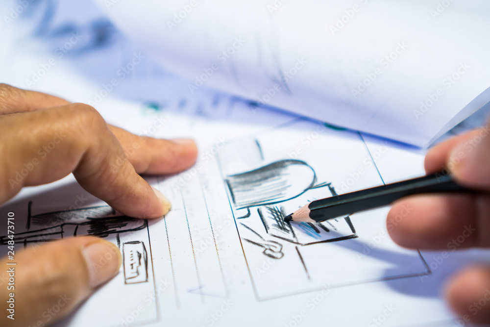 Pencil on Storyboard movie video layout for pre-production ...