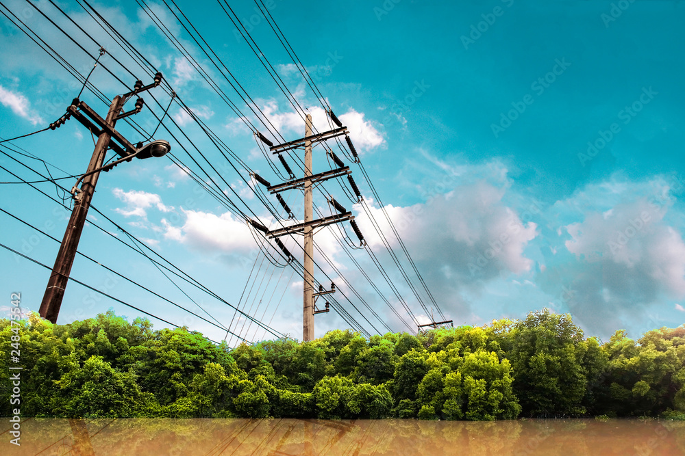 Electricity transmission line with green tree nature, Green ...
