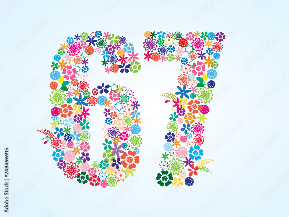 Vector Colorful Floral 67 Number Design isolated on white background ...