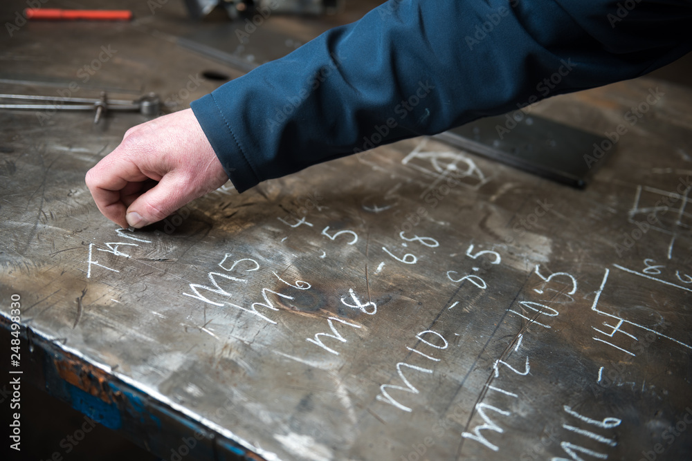 Poster A hand writing with chalk notes on an industrial metal texture ...
