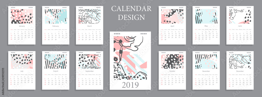 Design of wall monthly Calendar for 2019 year. Hand drawn pastel ...