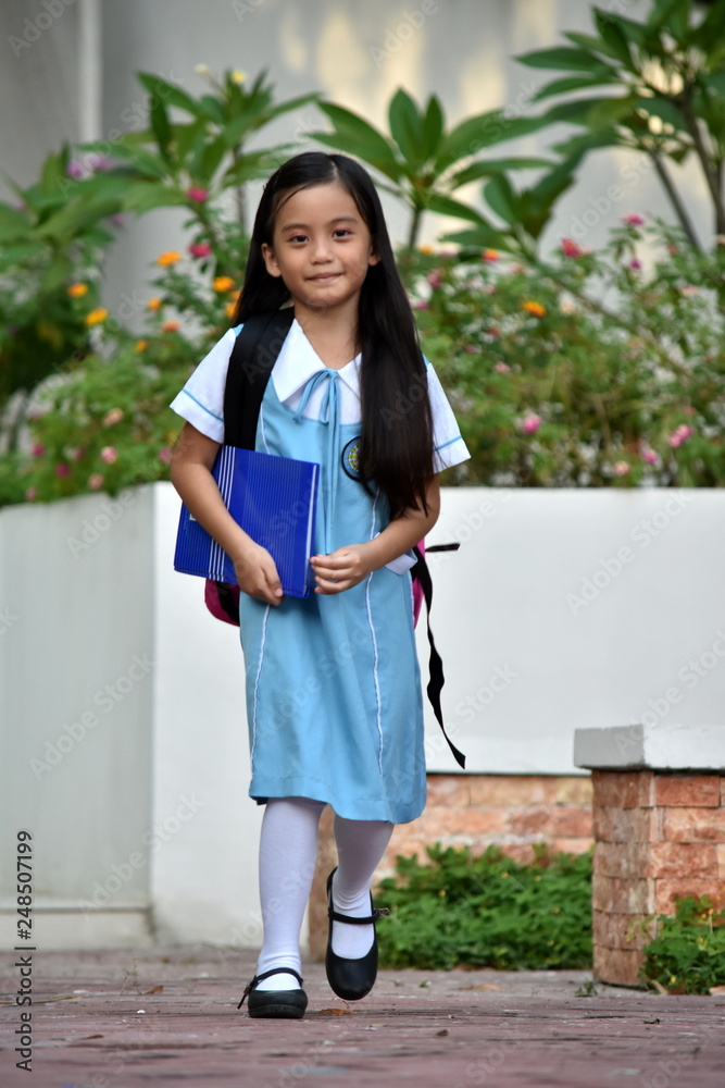 Filipina Girl Student Walking Wearing School Uniform With Notebooks ...
